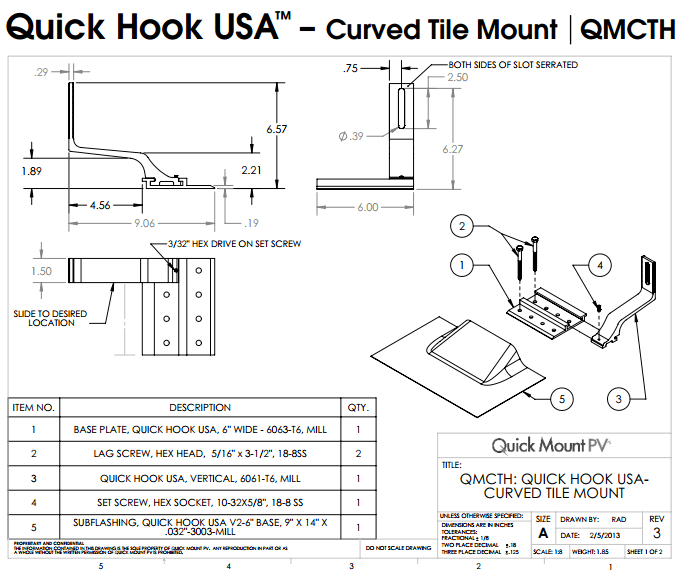 Quick Mount PV Quick Hook USA - Flat and Curved Tile Roof Mount